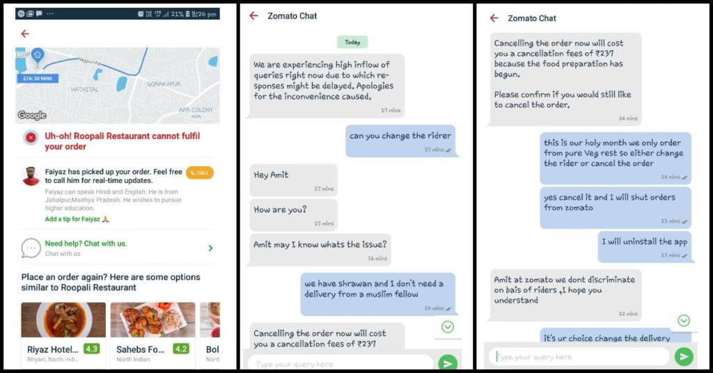 Zomato takes a stand against a customer who has a communal stance