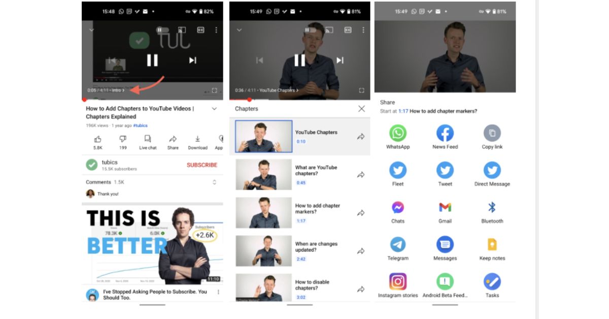 YouTube app has rolled out Video chapter sharing feature