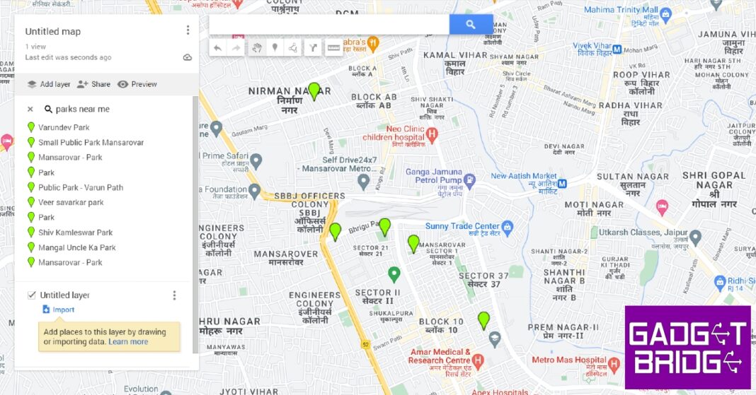 How to find nearby parks and gardens using Google My Maps?