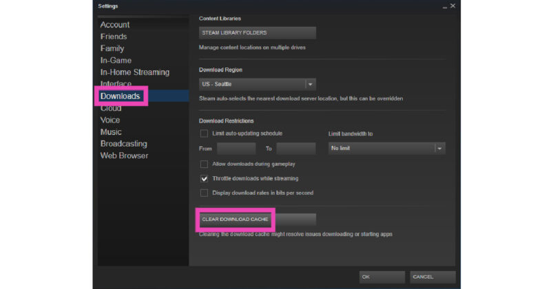What does clearing Steam’s Download cache do?